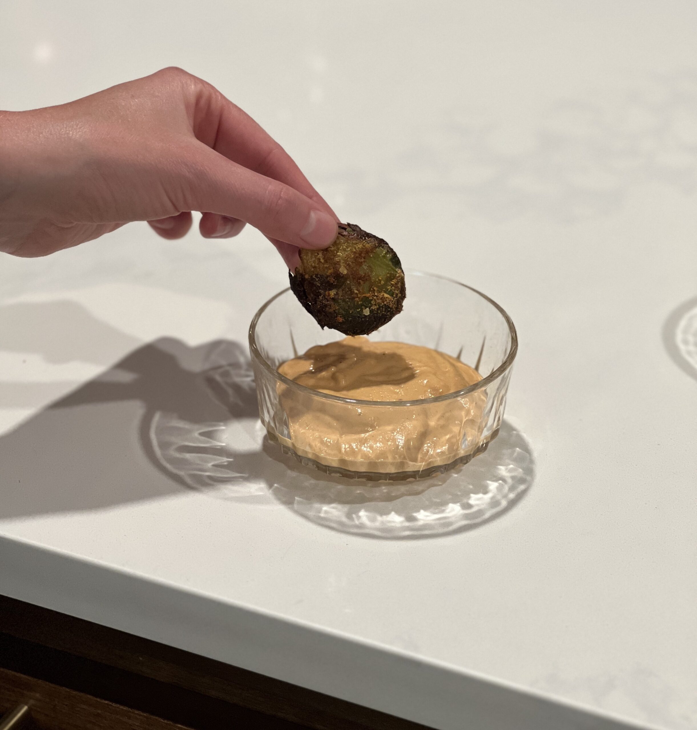 Crunchy Smashed Brussels with Red Pepper Dip